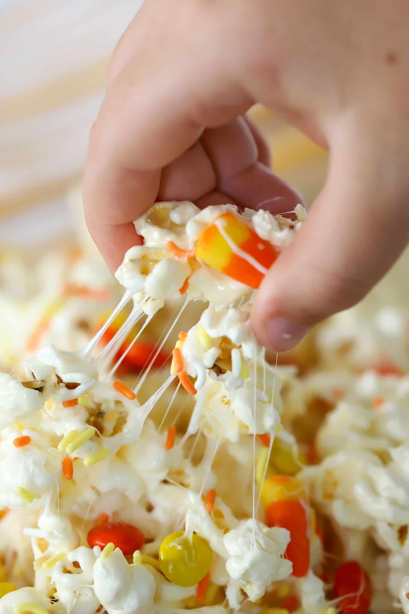 Easy Marshmallow Candy Corn Popcorn Treat - Yummy Healthy Easy